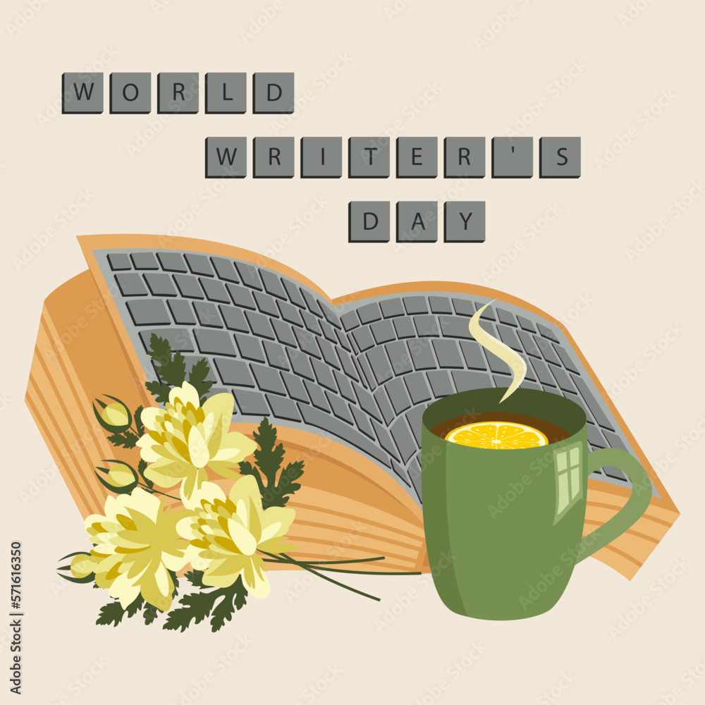 world Writer's Day. book with a picture of a keyboard. flat vector ...