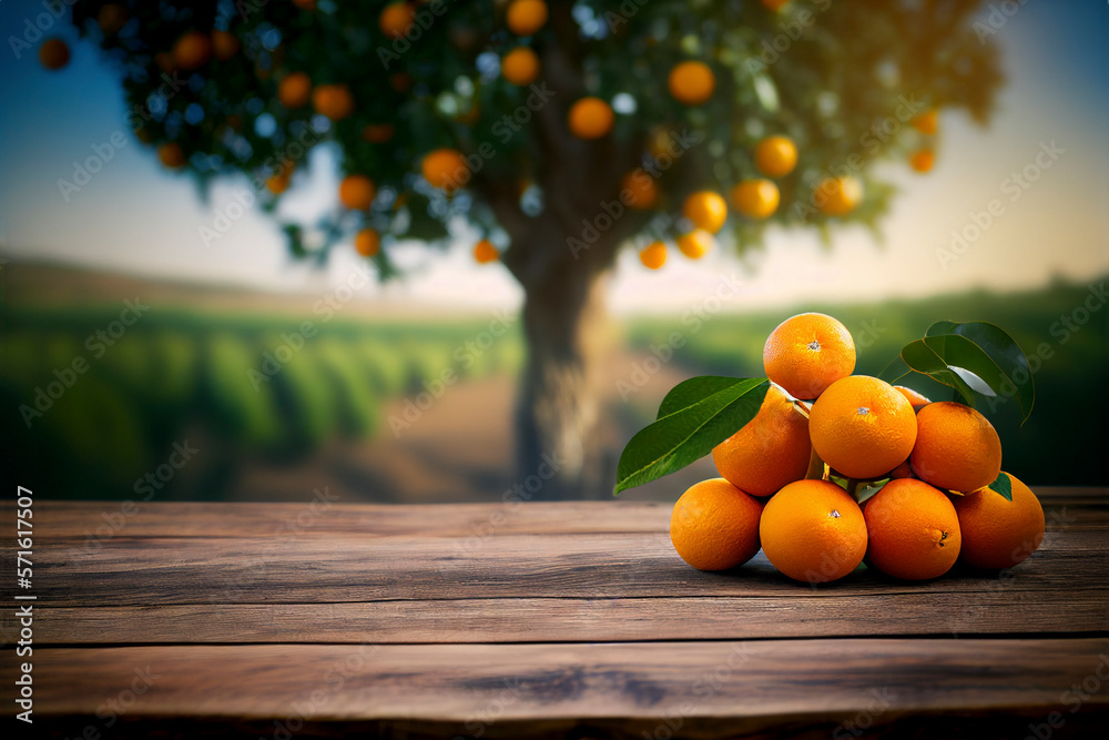Wooden table and orange trees for product and merchandise display ...