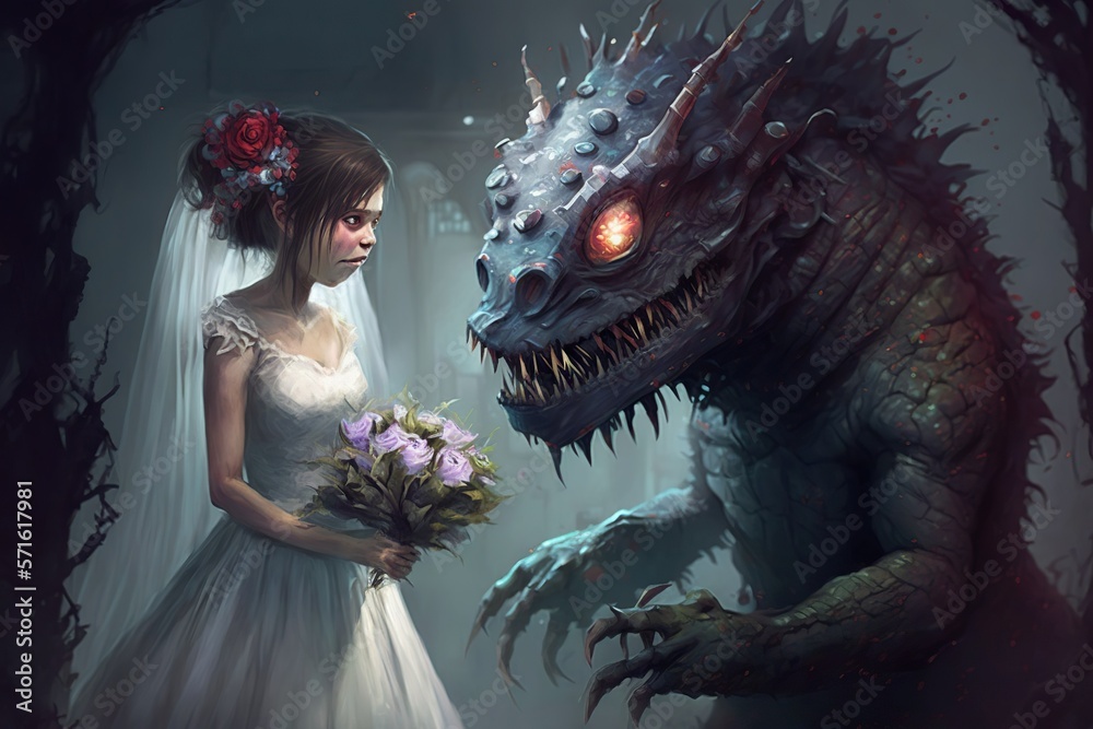 Wedding of a beautiful girl and a monster, concept of fairytale romance ...