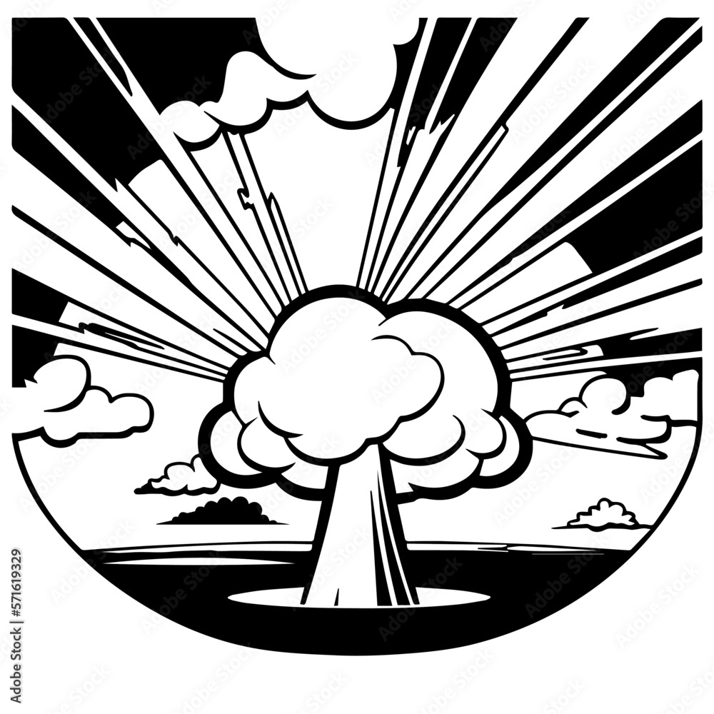 Nuclear explosion mushroom in cartoon black and white style for ...
