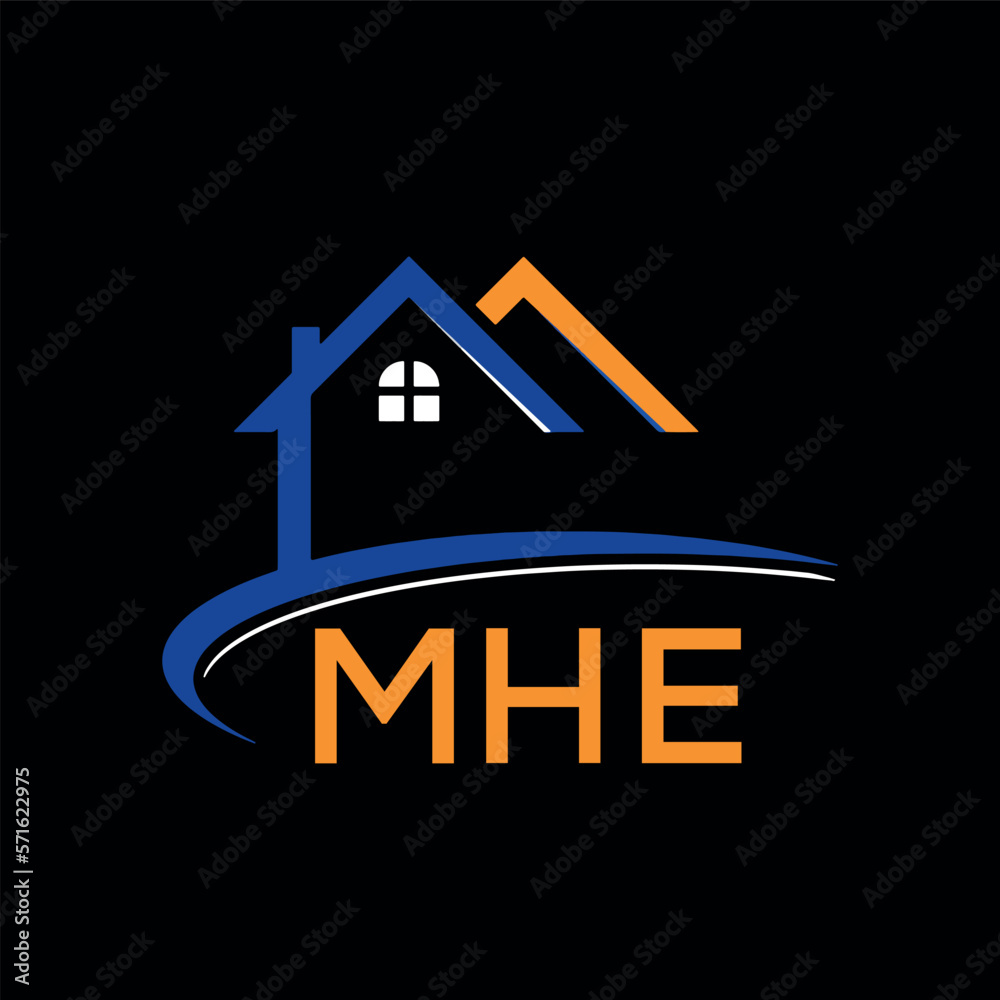 MHE house logo, letter logo. MHE blue image on black background and ...