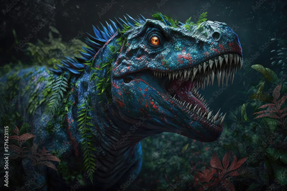 fantasy mix of raptor and t-rex dinosaur in dark forest made by ...