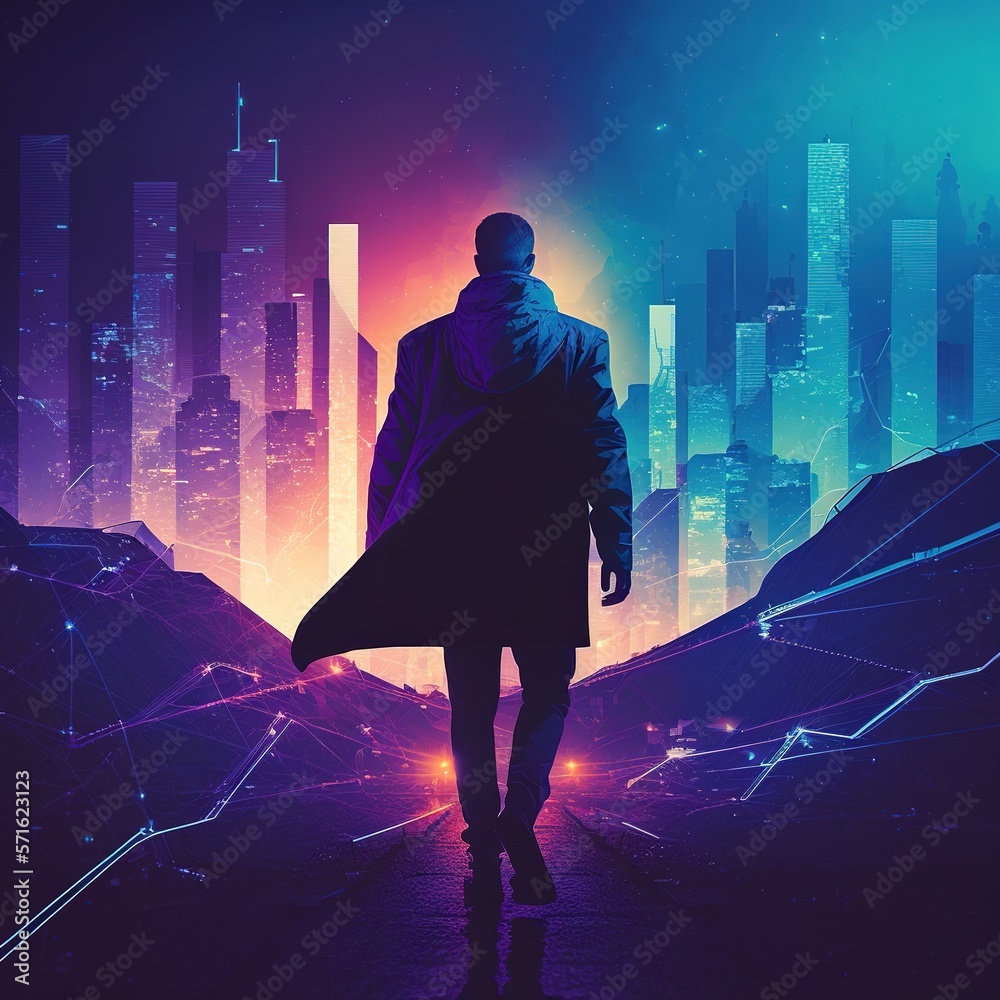 Concept of business technology, At night, a professional businessman ...