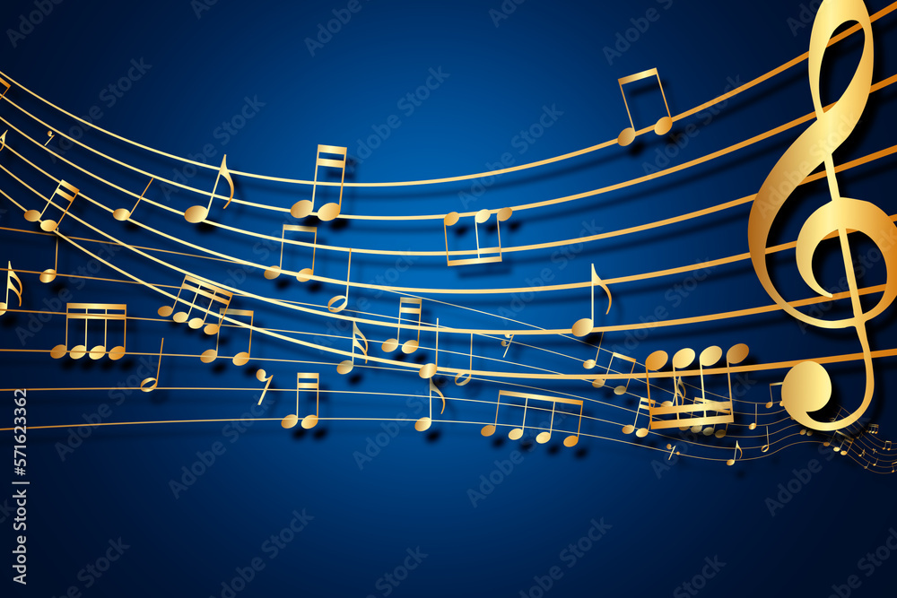 Abstract musical background. Gold music notes and treble clef on line ...