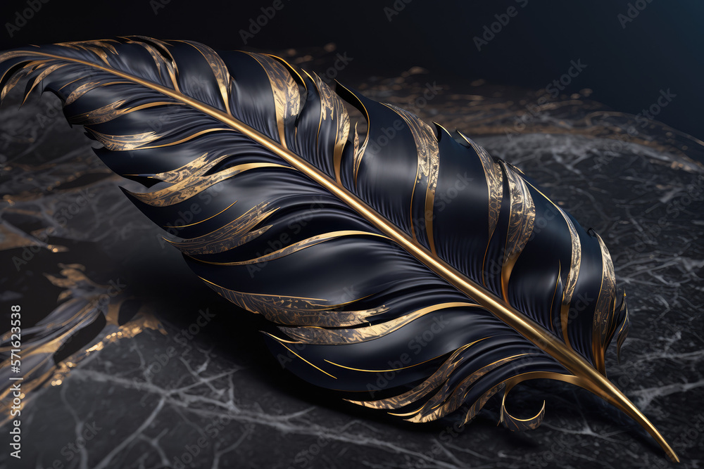 ultra realistic black marble feather with gold textures and dynamic ...