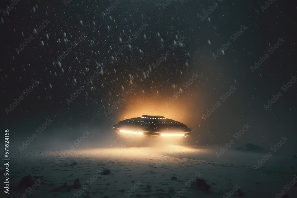 faint glow from the lights on a UFO shine through cinematic blizzard ...