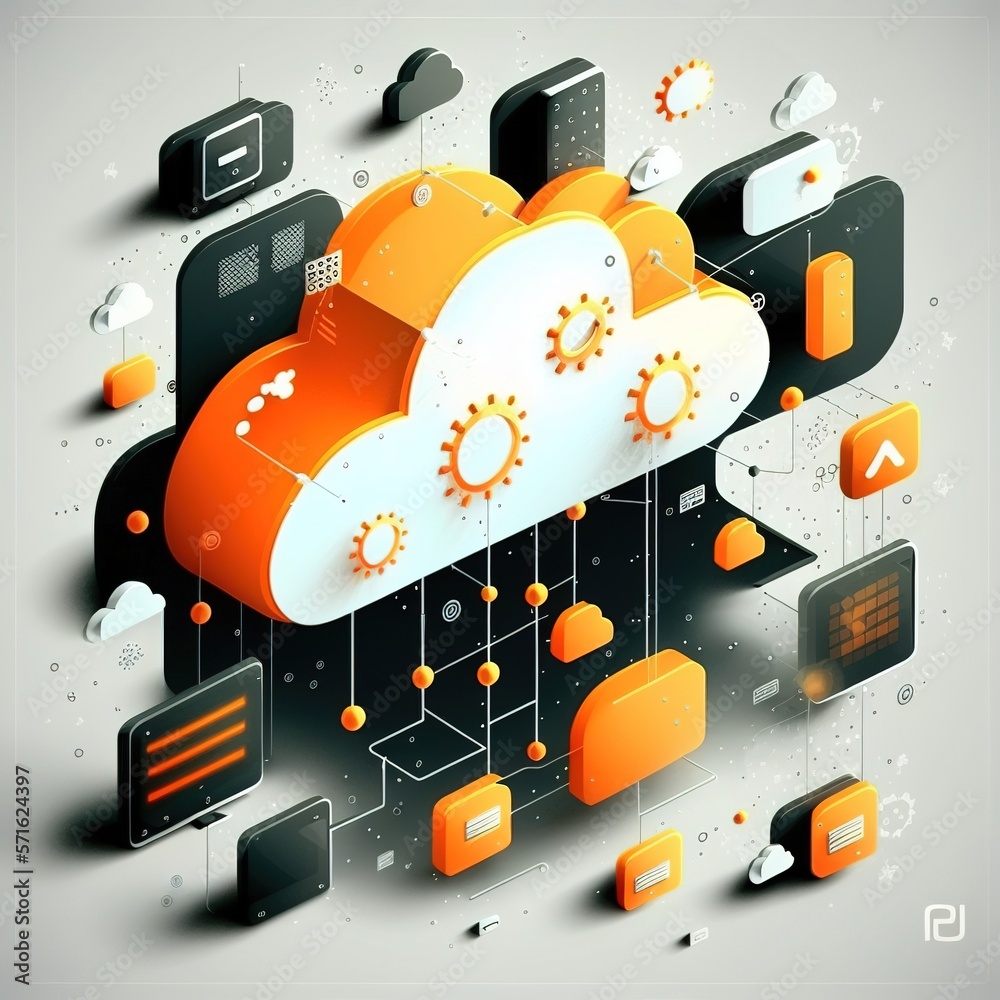 The concept of data transfer cloud computing technology. In the center, there is a large ...