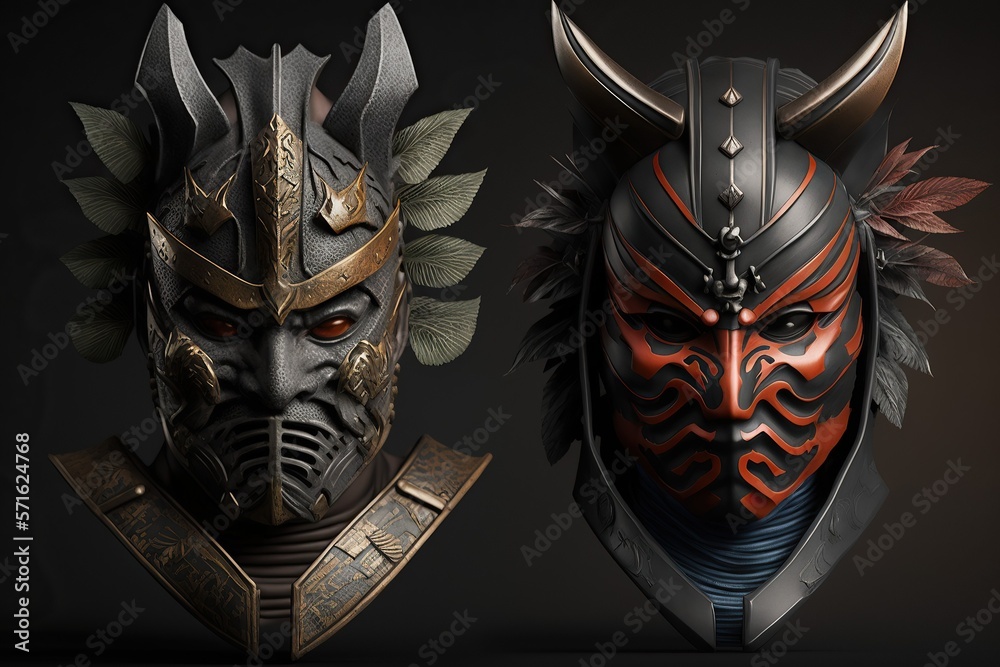 samurai Japanese masks of samurais isolated on the dark background ...