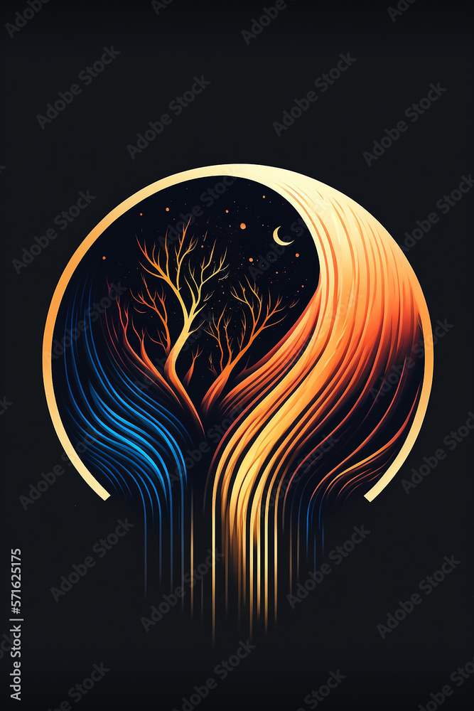 Illustration of a fantasy logo with a tree symbol on black background ...