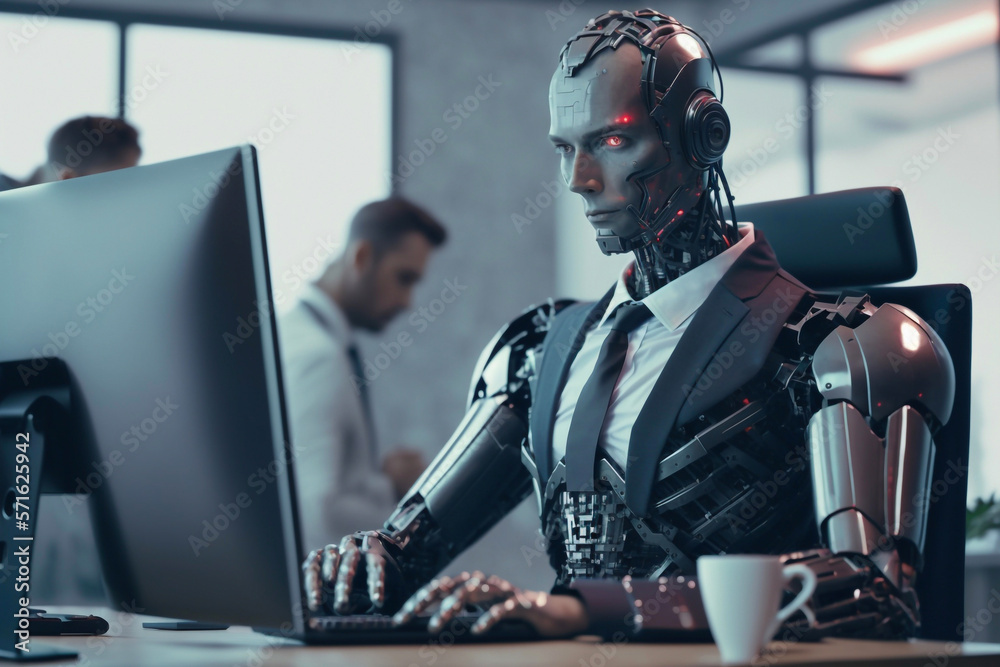 Humanoid robot in a business suit works in the office at the computer ...