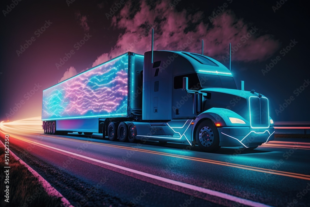 Autonomous semi truck with cargo trailer driving at night on the road ...