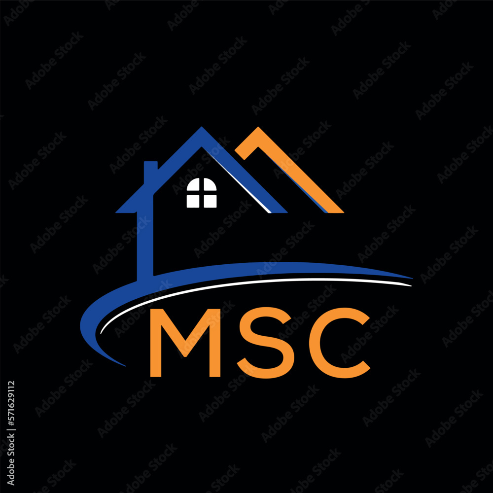 MSC house logo, letter logo. MSC blue image on black background and ...