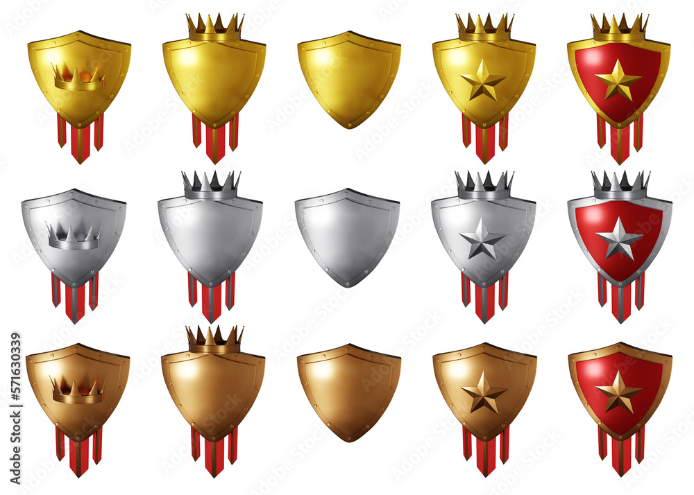 3D silver bronze gold shield set, realistic level up game badge, metal ...
