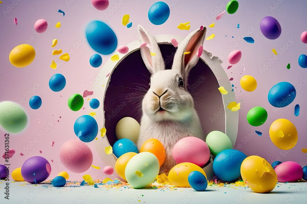 Funny Rabbit broke a hole in a paper background, fluffy eared rabbit, banner with an Easter ...