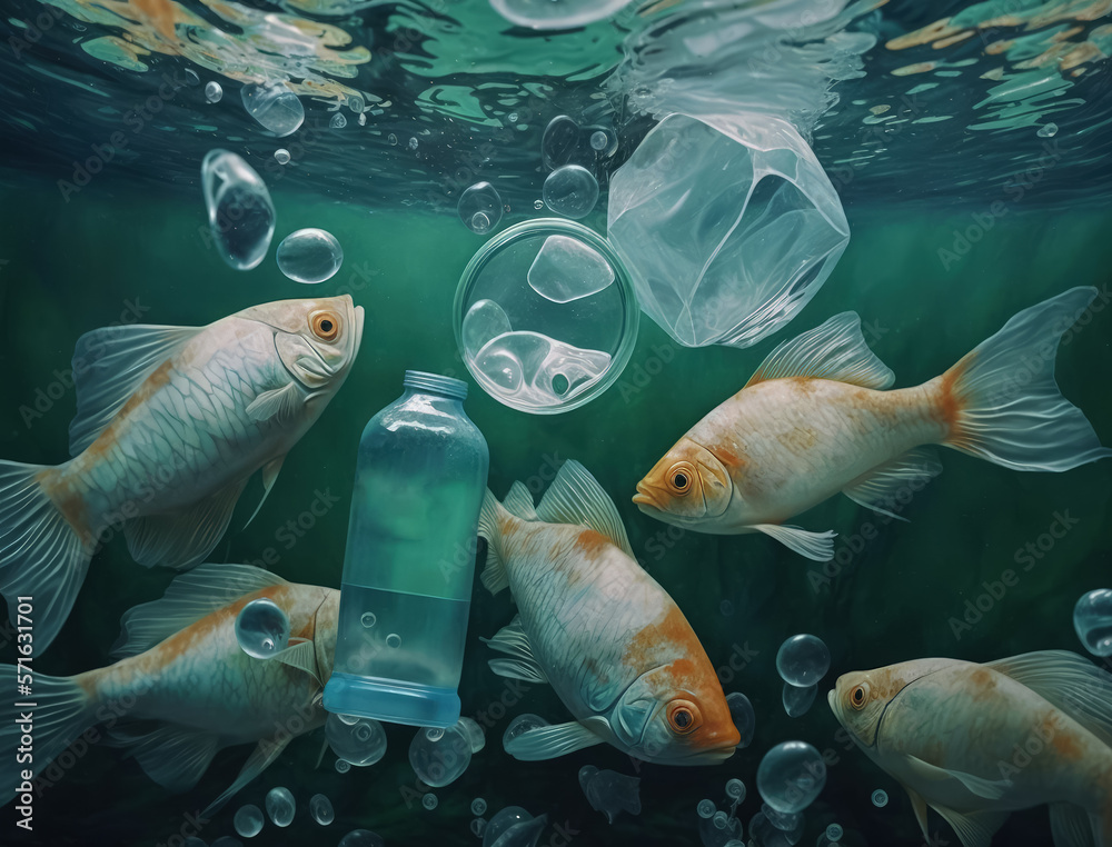 Fish swim between plastic debris in the ocean or sea, blue water full ...