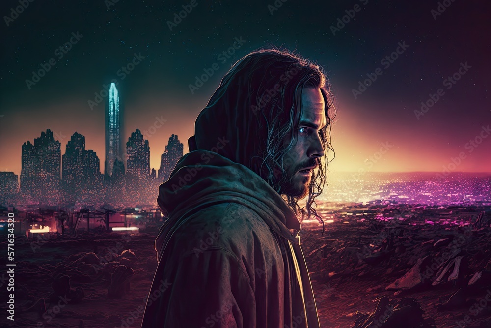 Realistic cyberpunk Jesus Christ walking through the futuristic desert ...
