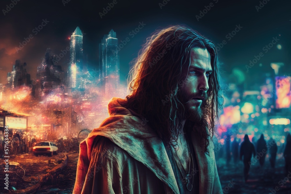 Realistic cyberpunk Jesus Christ walking through the futuristic desert ...