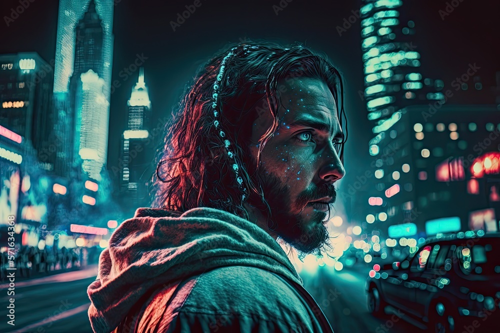 Realistic cyberpunk Jesus Christ walking through the futuristic desert ...