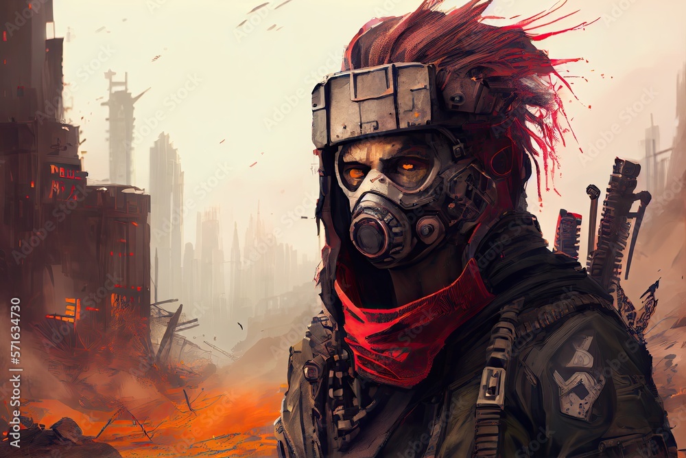 Cyberpunk post-apocalyptic male warrior shooter, full of rage ...