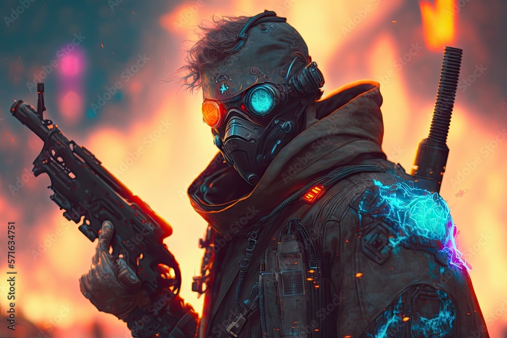 Cyberpunk post-apocalyptic male warrior shooter, full of rage ...
