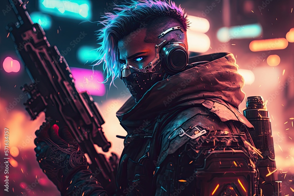 Cyberpunk post-apocalyptic male warrior shooter, full of rage ...