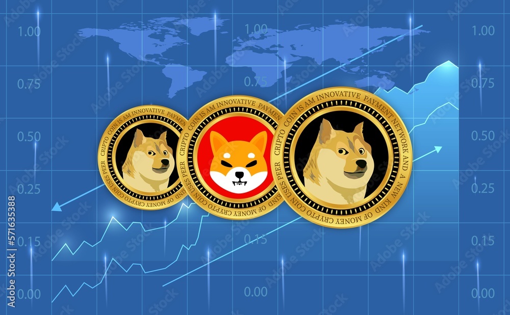 shiba inu and dogecoin virtual currency visuals on an abstract ...