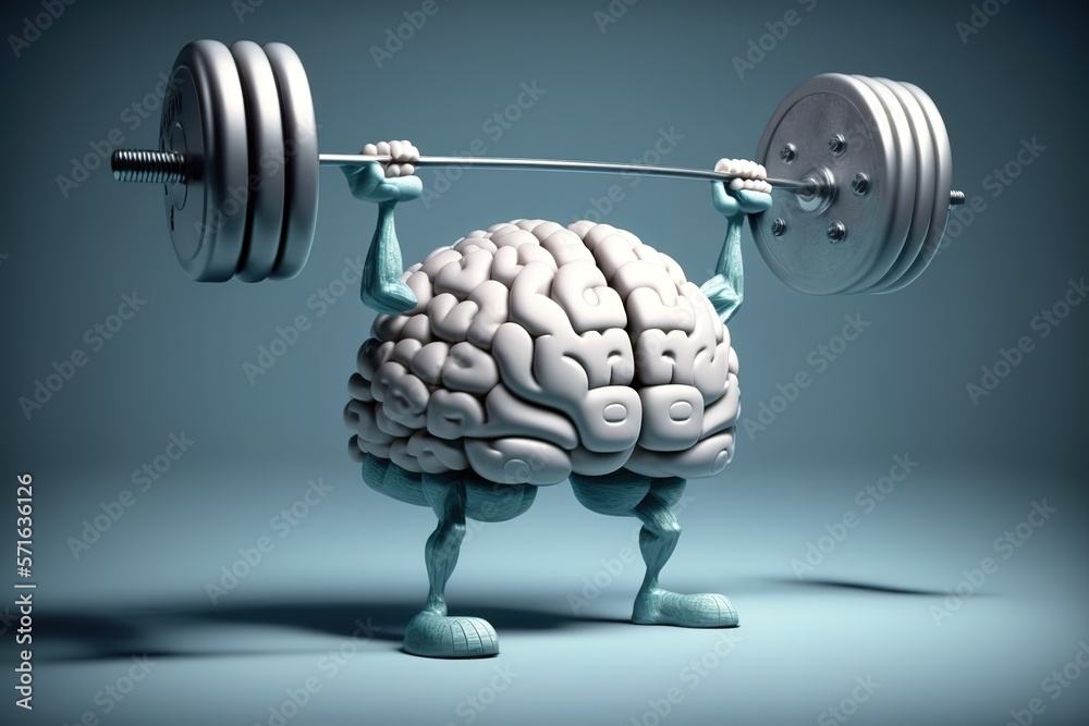 3D style human brain cartoon lifting weights. Mental, memory, brain ...