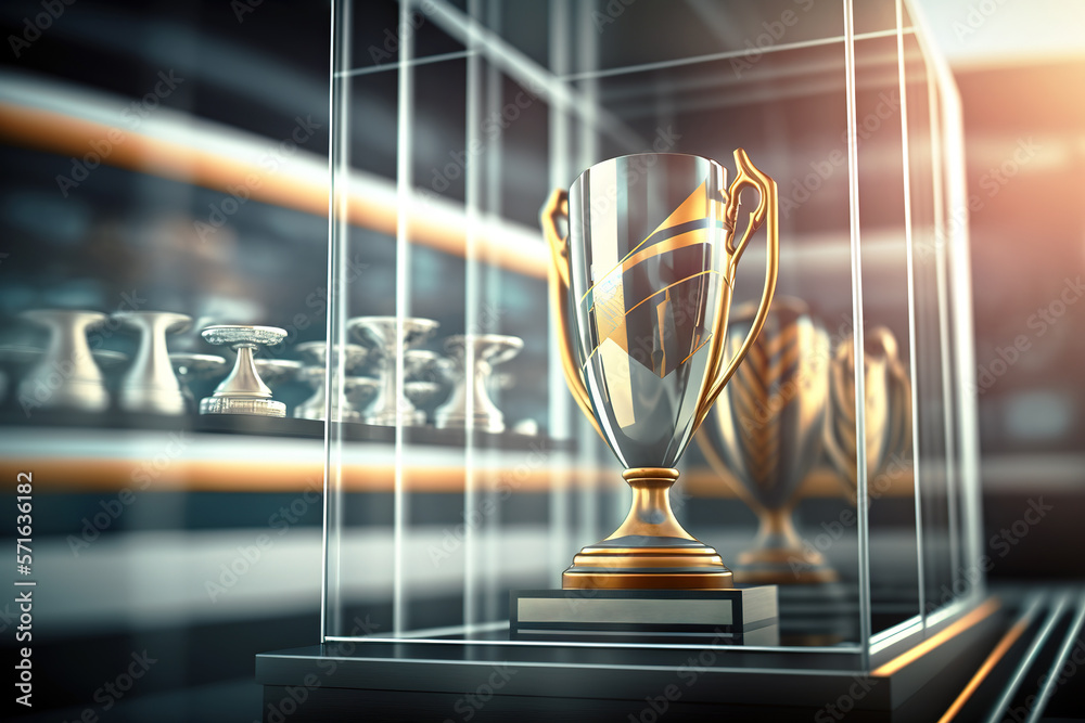 Big golden trophy inside glass showcase. Trophies exhibition ...