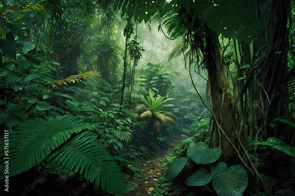 A dense rainforest with a canopy of green leaves and a variety of ...