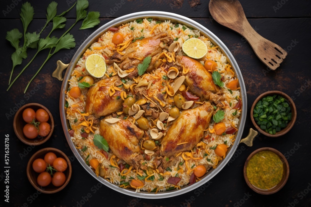 Chicken Kabsa Homemade Arabian biryani overhead view. Generative AI ...