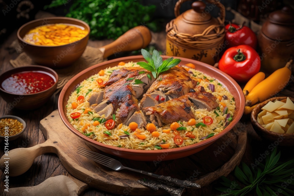 Kabsa, hummus, maqluba, maqluba, tabbouleh close up, rice and meat dish ...