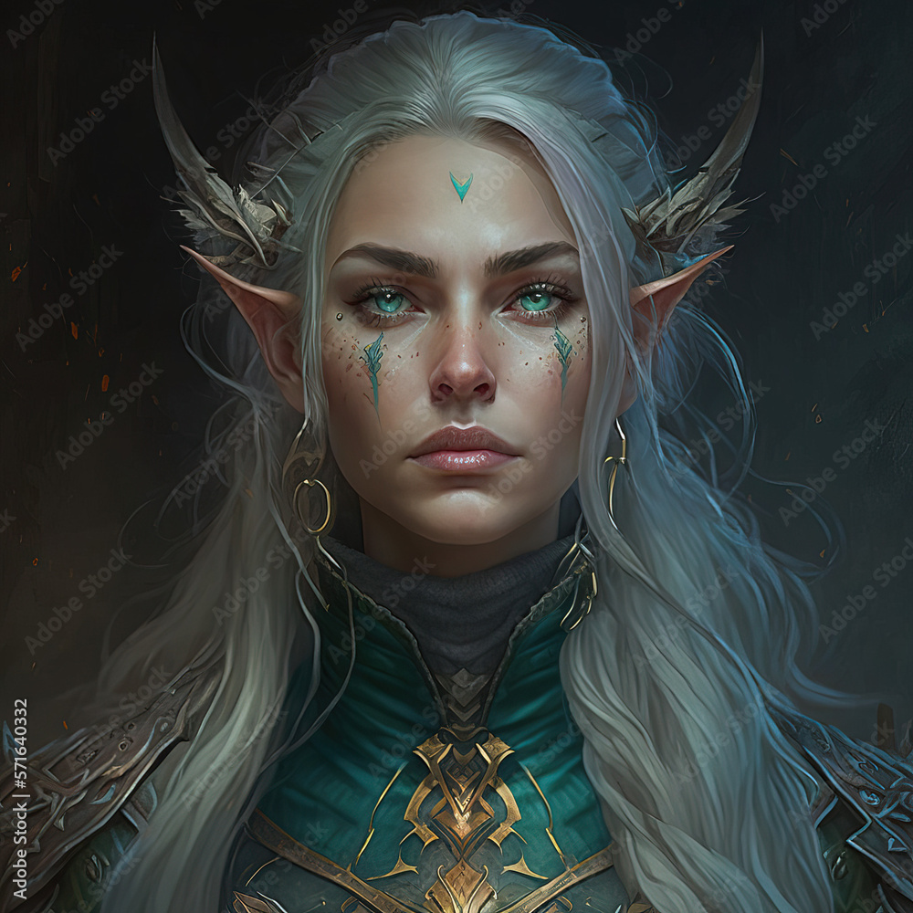 A grandiose portrait of a gloomy female elf in a realistic hyper ...