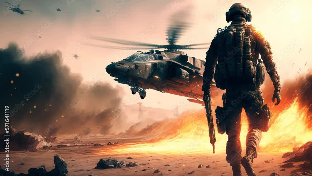 Soldier with helicopter and fire desert looped animation, Special ...