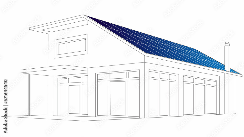 Line drawing of smart home with renewable energy source solar panels ...