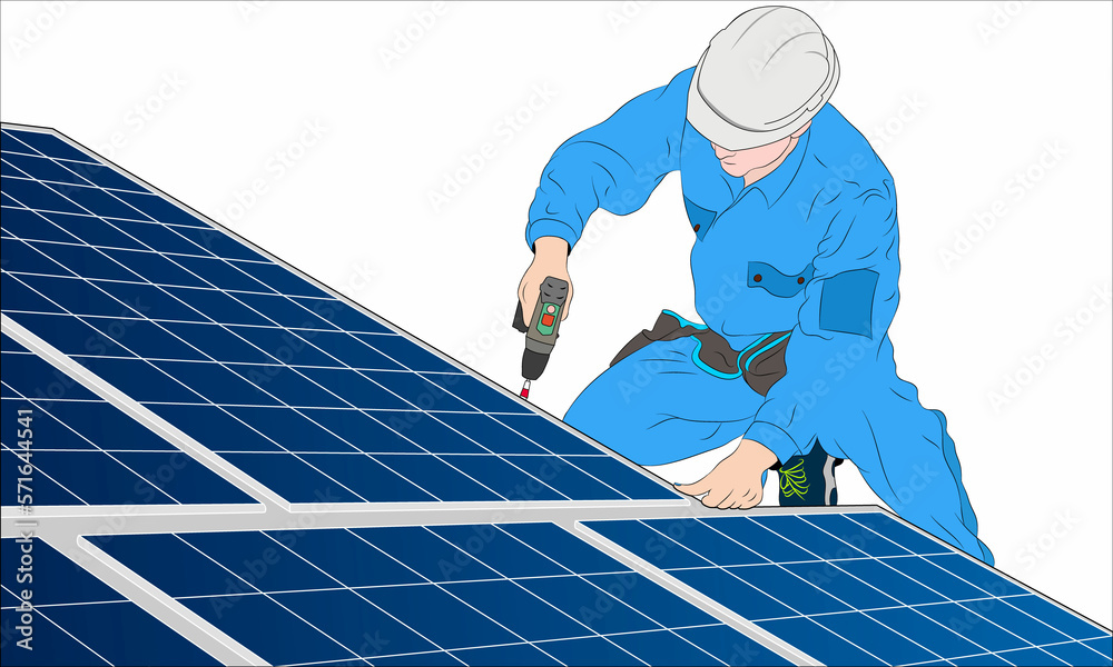 Solar panel technician with drill installing and maintenance of ...