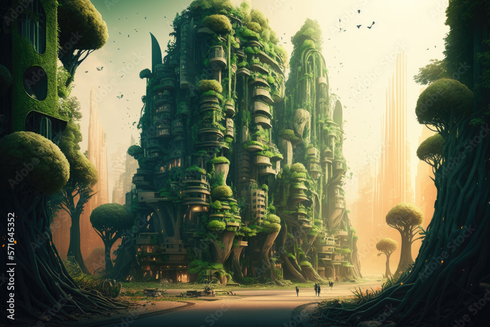 large buildings of a future modern city overgrown with green plants and ...