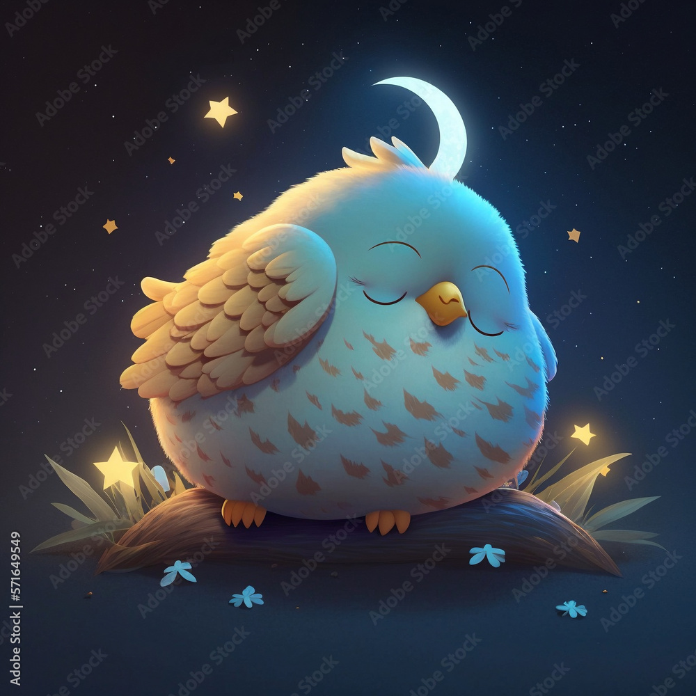 Cute Cartoon of Bird Sleeping at night with moon and stars , Soft ...