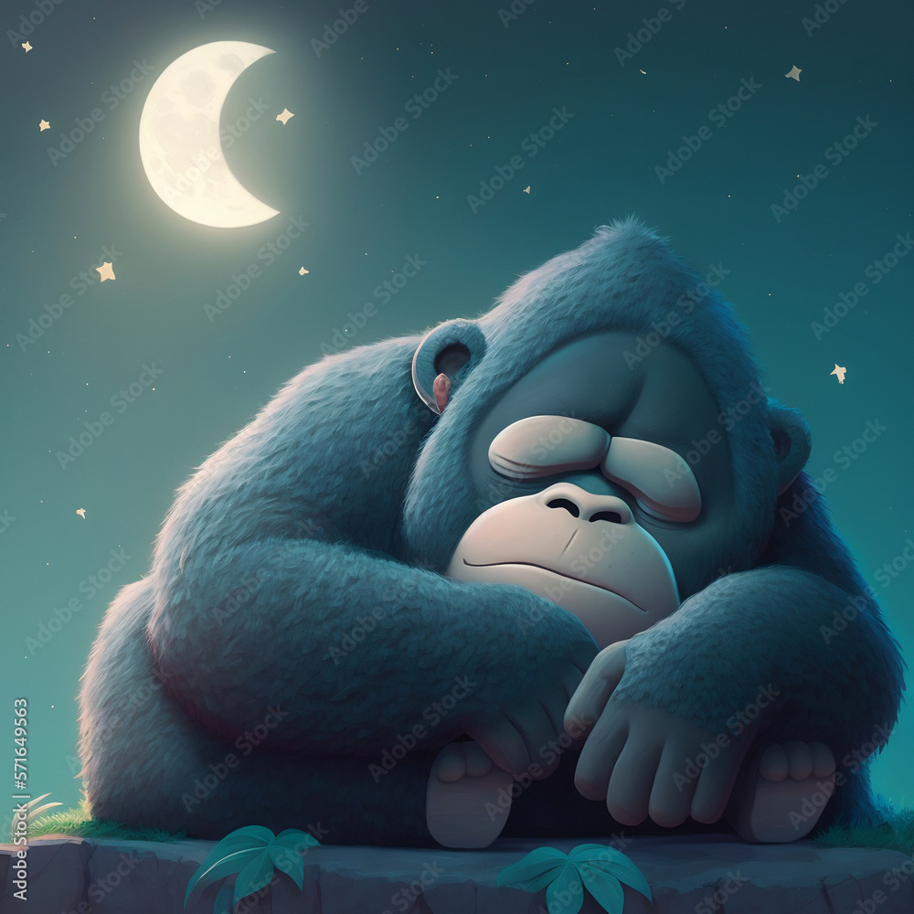 Cute Cartoon of Gorilla sleeping at night with moon and stars , Soft ...