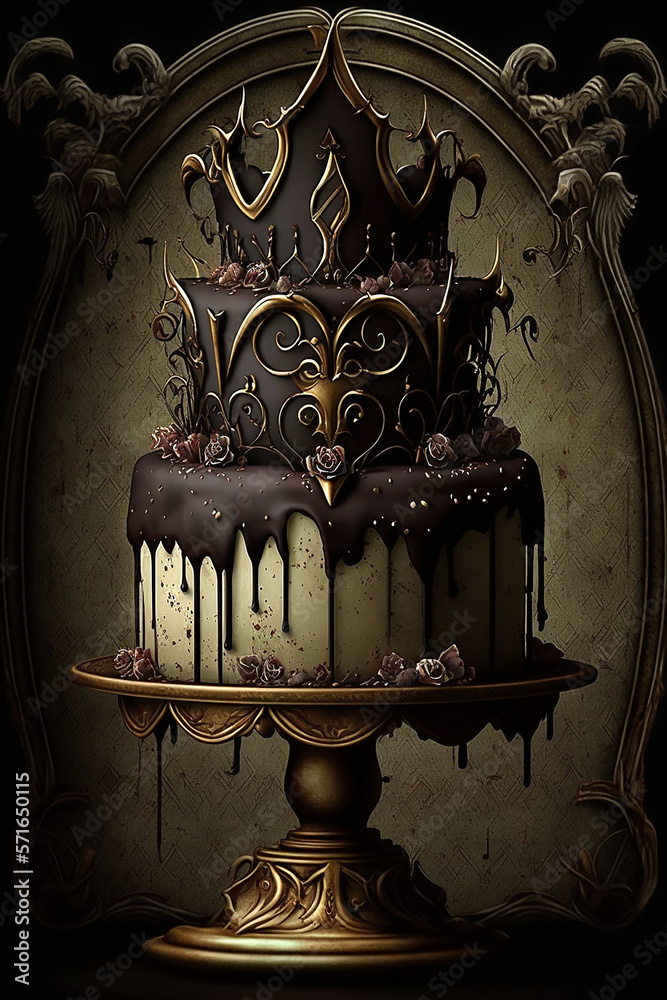 Giant dark birthday cake with three layers in vamp style. Created with Generative AI for ...