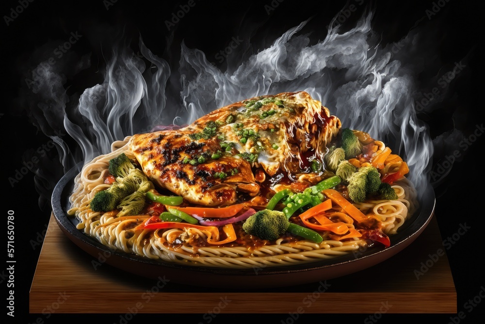 chicken sizzler with noodles that are steaming. Generative AI Stock ...