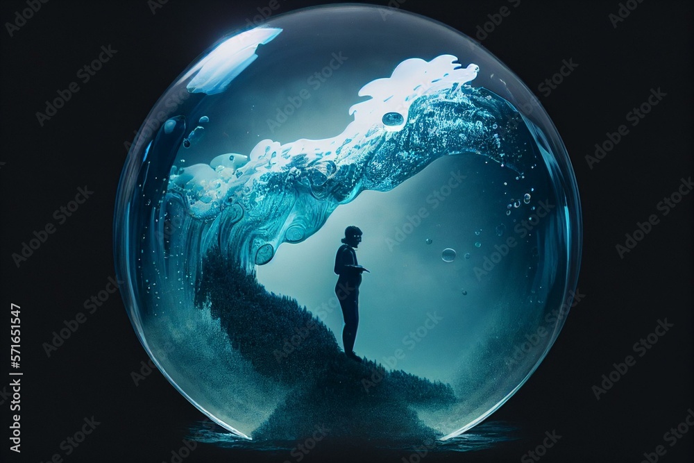 human in the soap bubble, whole bubble, sea world, smooth dark ...