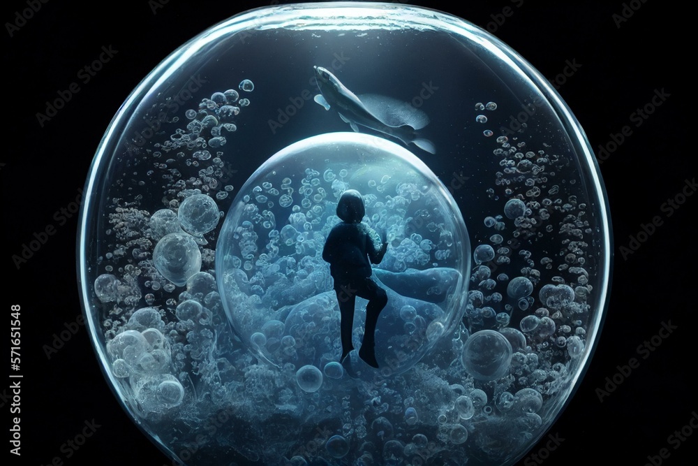 human in the soap bubble, whole bubble, sea world, smooth dark ...