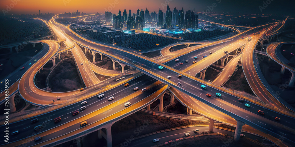 The concept of highways of the future in a fictional world. The aerial ...