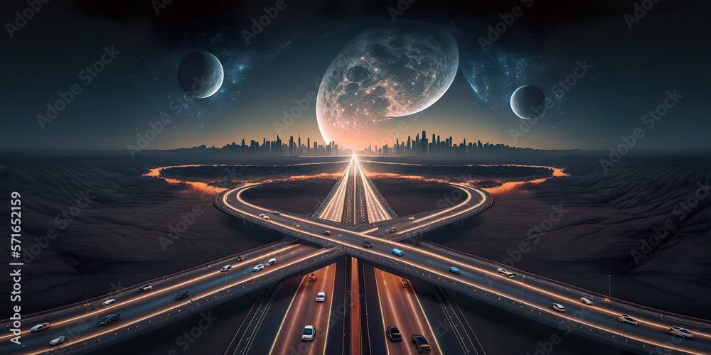 ภาพประกอบสต็อก The concept of highways of the future in a fictional ...