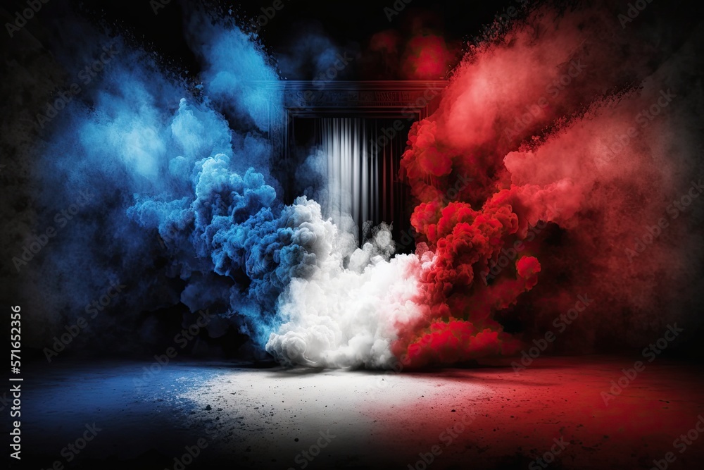 Stage with spotlight, red, white and blue smoke and particle effects ...