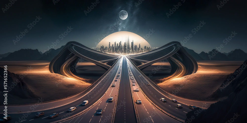 The concept of highways of the future in a fictional world. The aerial ...