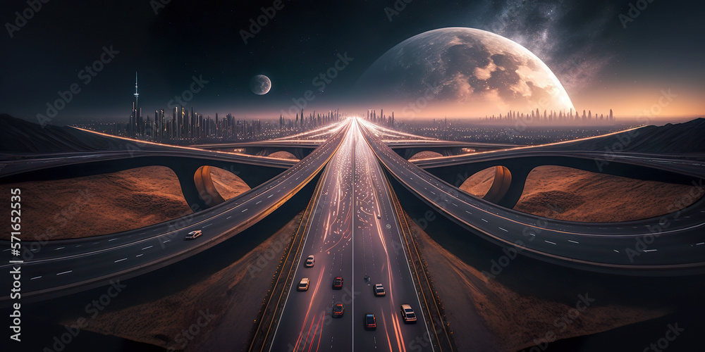The concept of highways of the future in a fictional world. The aerial ...