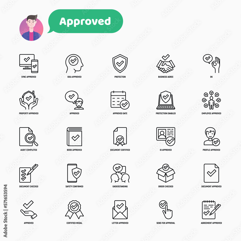 Approved thin line icons set: sync, idea, agreement, calendar date ...