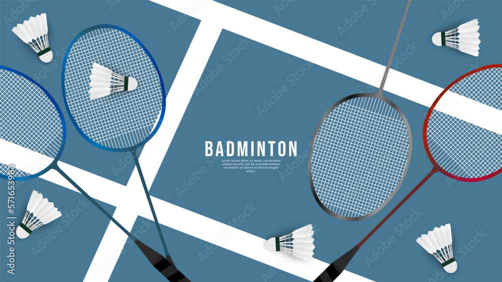 Badminton racket with white badminton shuttlecock on white line on blur ...