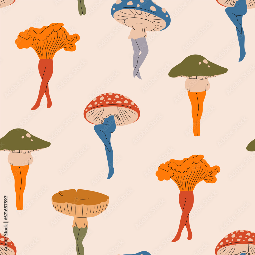 Various Mushrooms with graceful female legs. Abstract ladies with ...